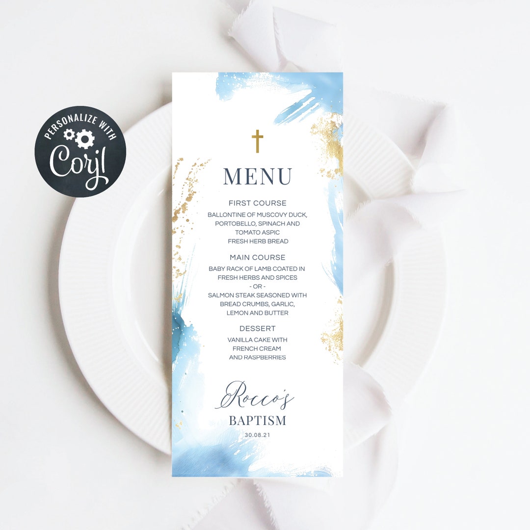 Baptism Menu, Christening Menu, Boy Baptism Menu, Blue & Gold ...