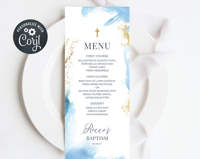 Blue Baptism Menu Template, Blue Gold Baptism Menu, Watercolor Baptism ...