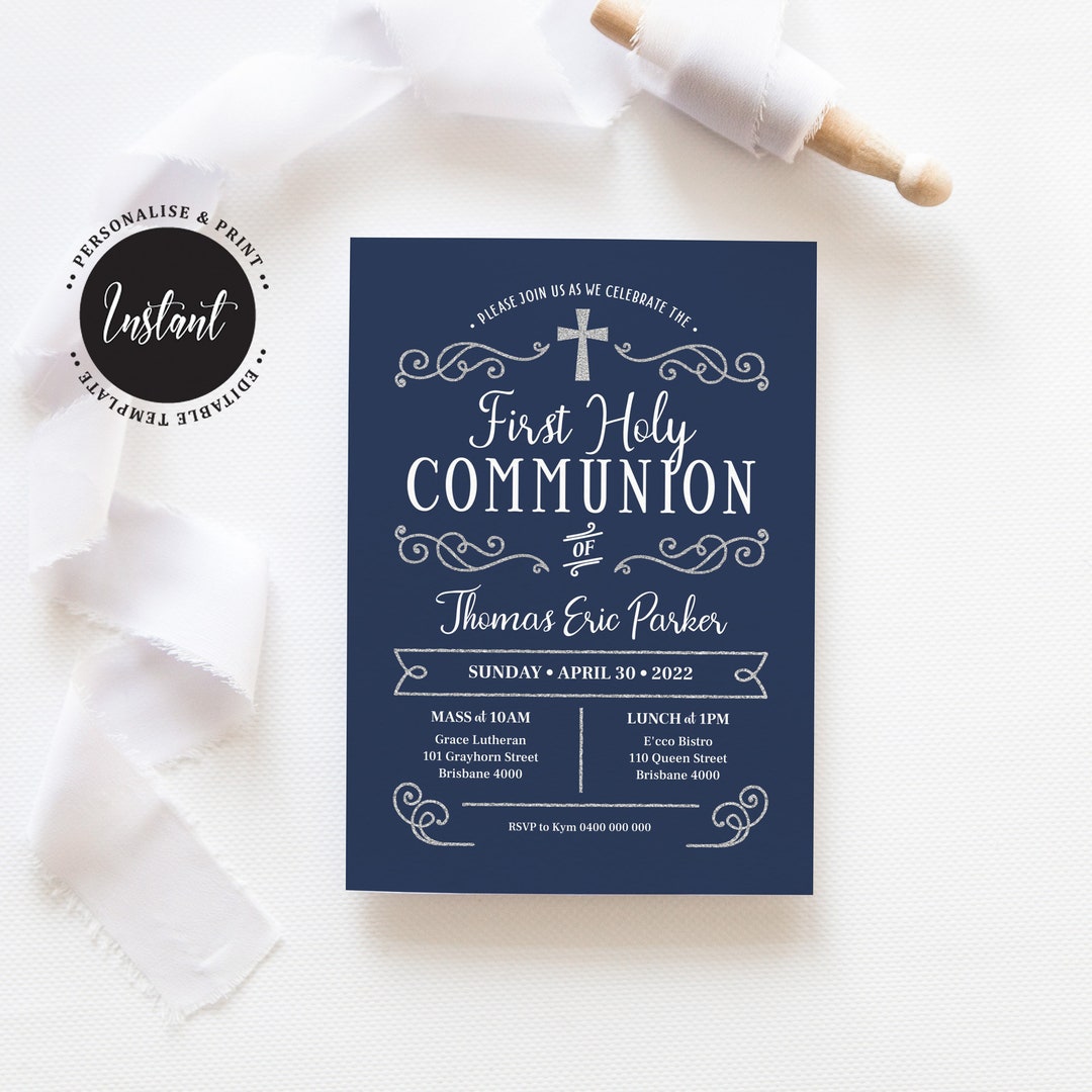 Editable Boy Holy Communion Invitation, Digital Communion Invite, Navy ...