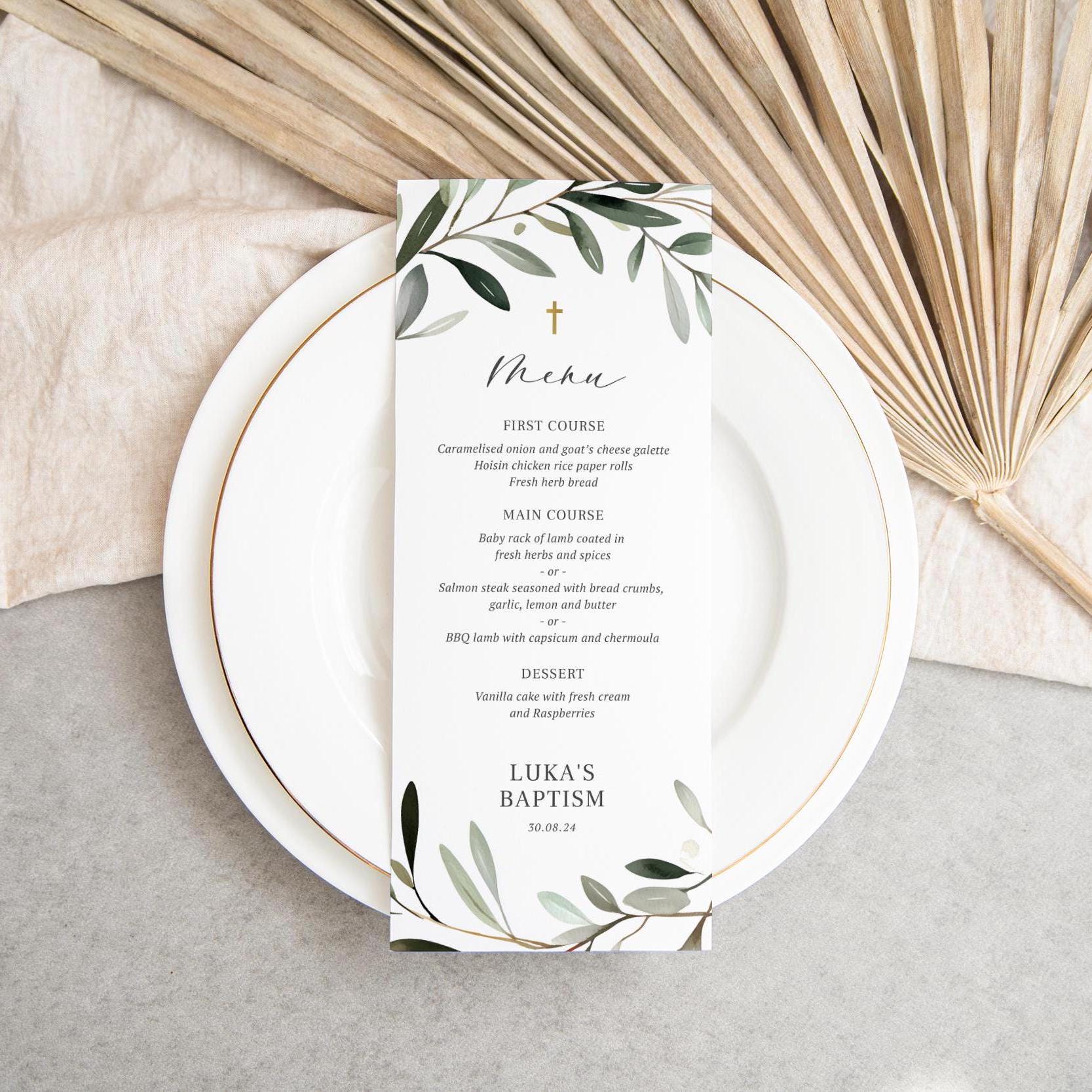 Baptism Menu Template, Christening Menu, Communion Menu, Editable Olive ...