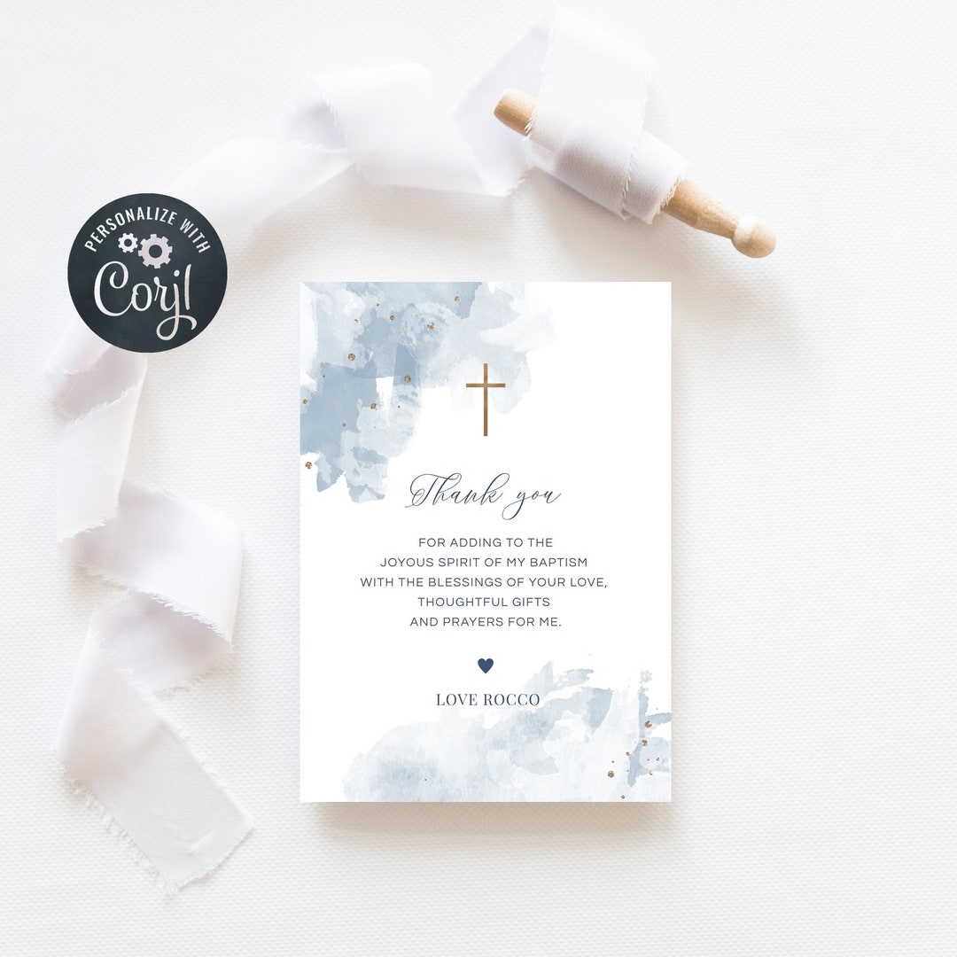 Baptism Thank You Card Template, Christening Thank You Card, Blue ...