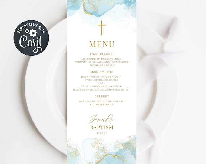 Blue Baptism Menu Template, Blue Gold Baptism Menu, Watercolor Baptism ...