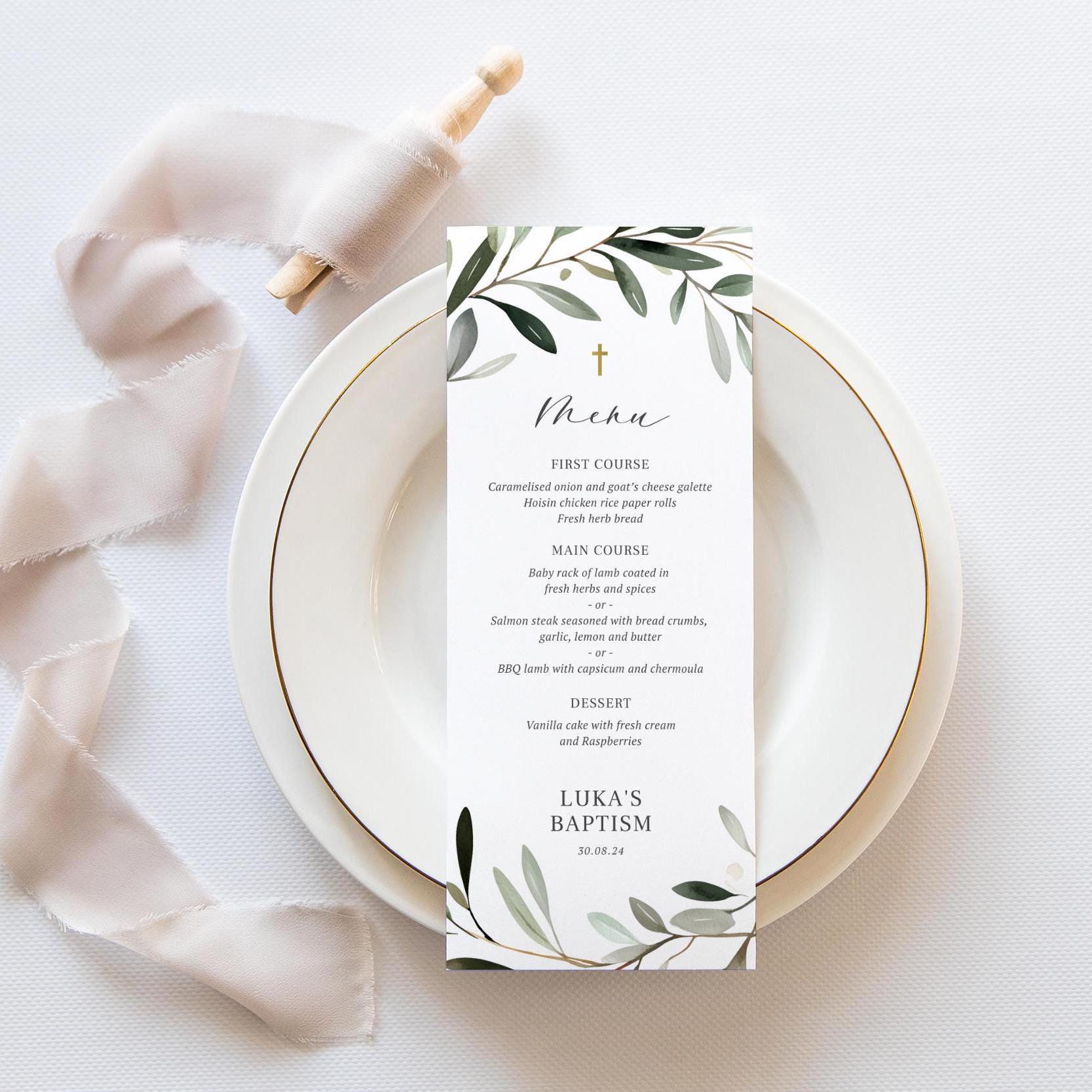 Baptism Menu Template, Christening Menu, Communion Menu, Editable Olive ...