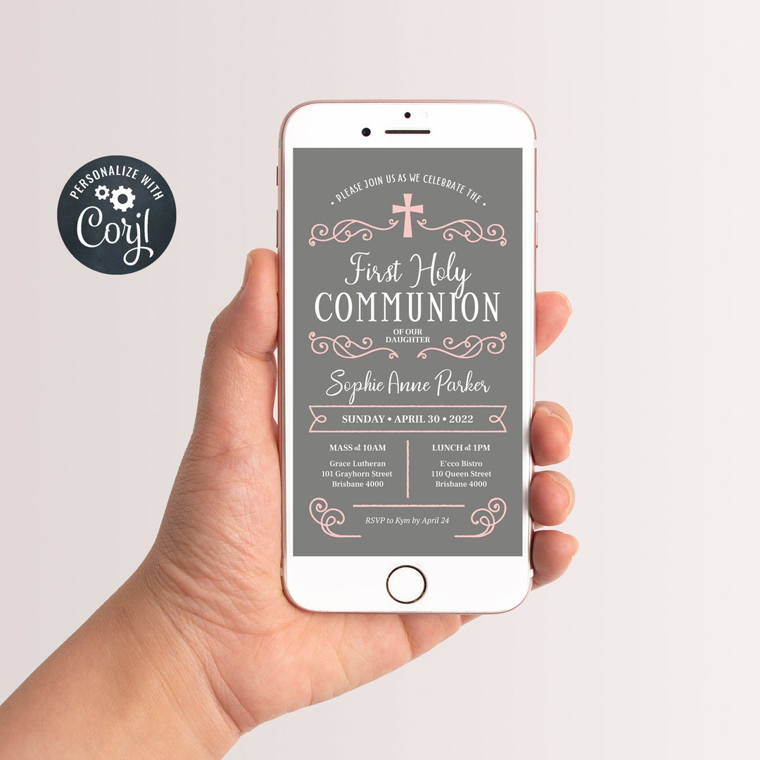 Girl Holy Communion Evite, First Communion Digital Invitation, Pink ...