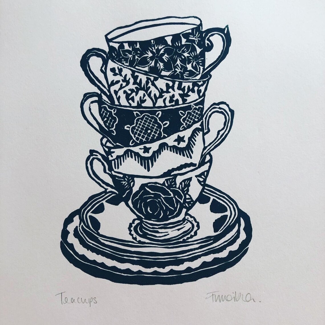 Vintage Teacups Linocut Kitchen Art Print A4 Afternoon Tea | Etsy