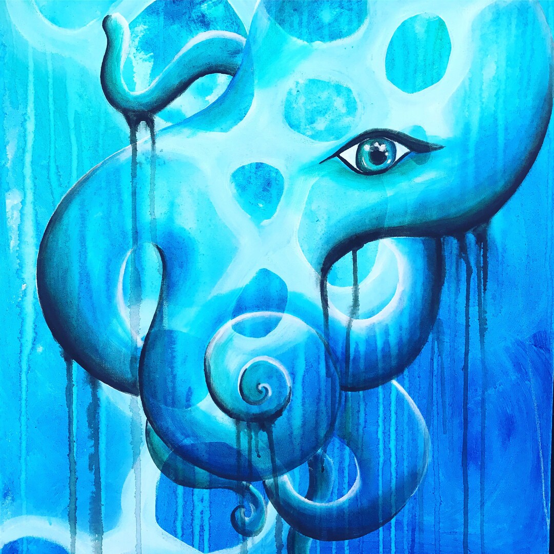 Blue Octopus Underwater Ocean Art 8"x10" Print Sealife Abstract Acrylic ...