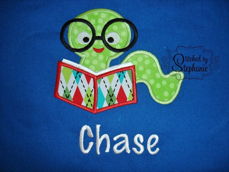 Blue bookworm reading book applique library preschool boys or | Etsy