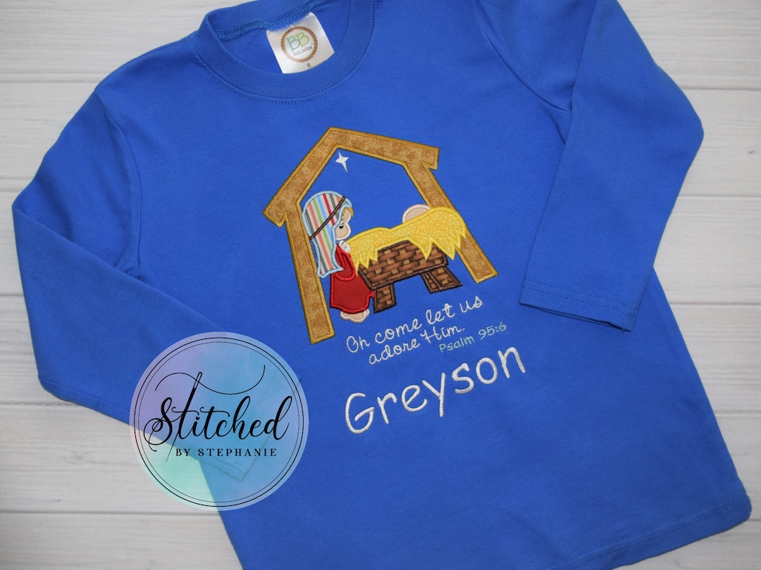 Boys Christmas Nativity Manger Scene Applique Royal Blue Long Sleeve ...