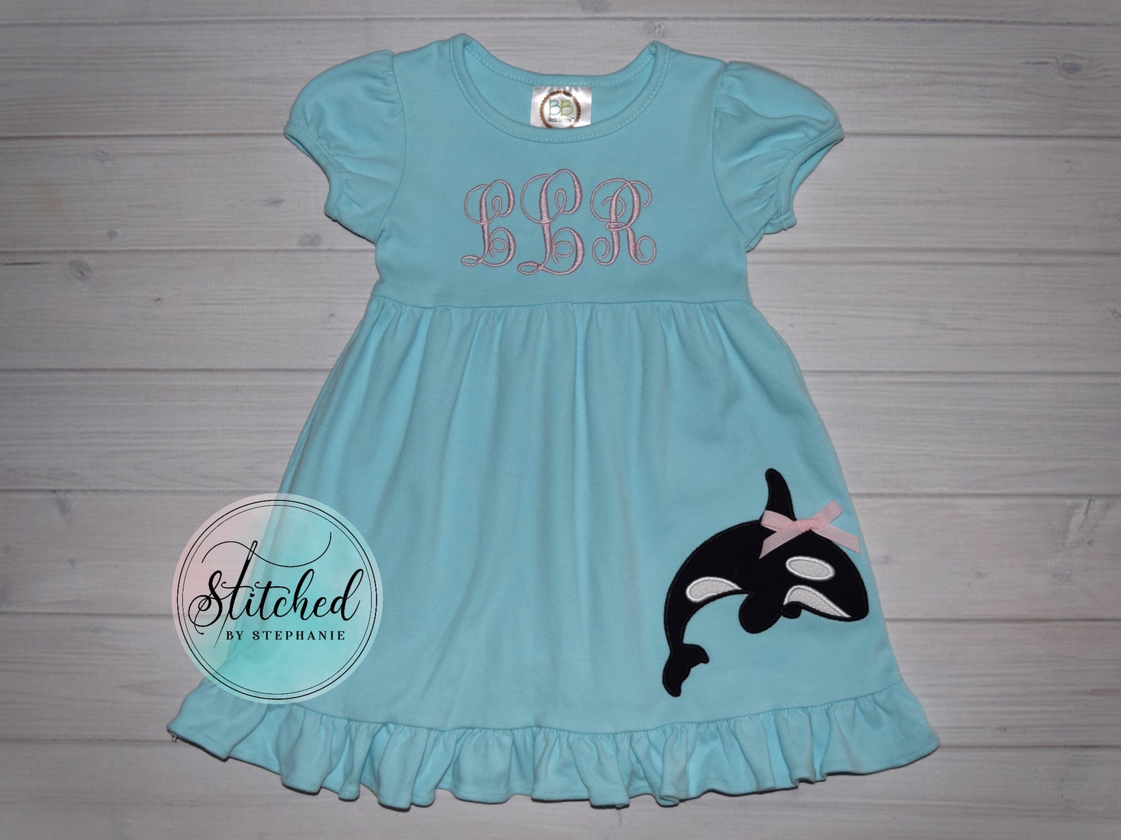 Girls Orca Whale Applique Dress Aqua Blue Short Sleeve Ruffle Sea Beach ...