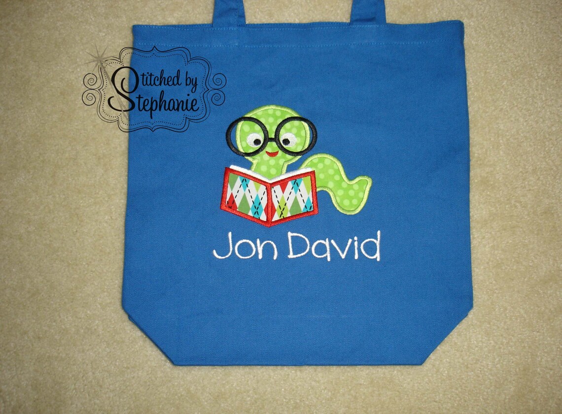 Blue bookworm reading book applique library preschool boys or | Etsy