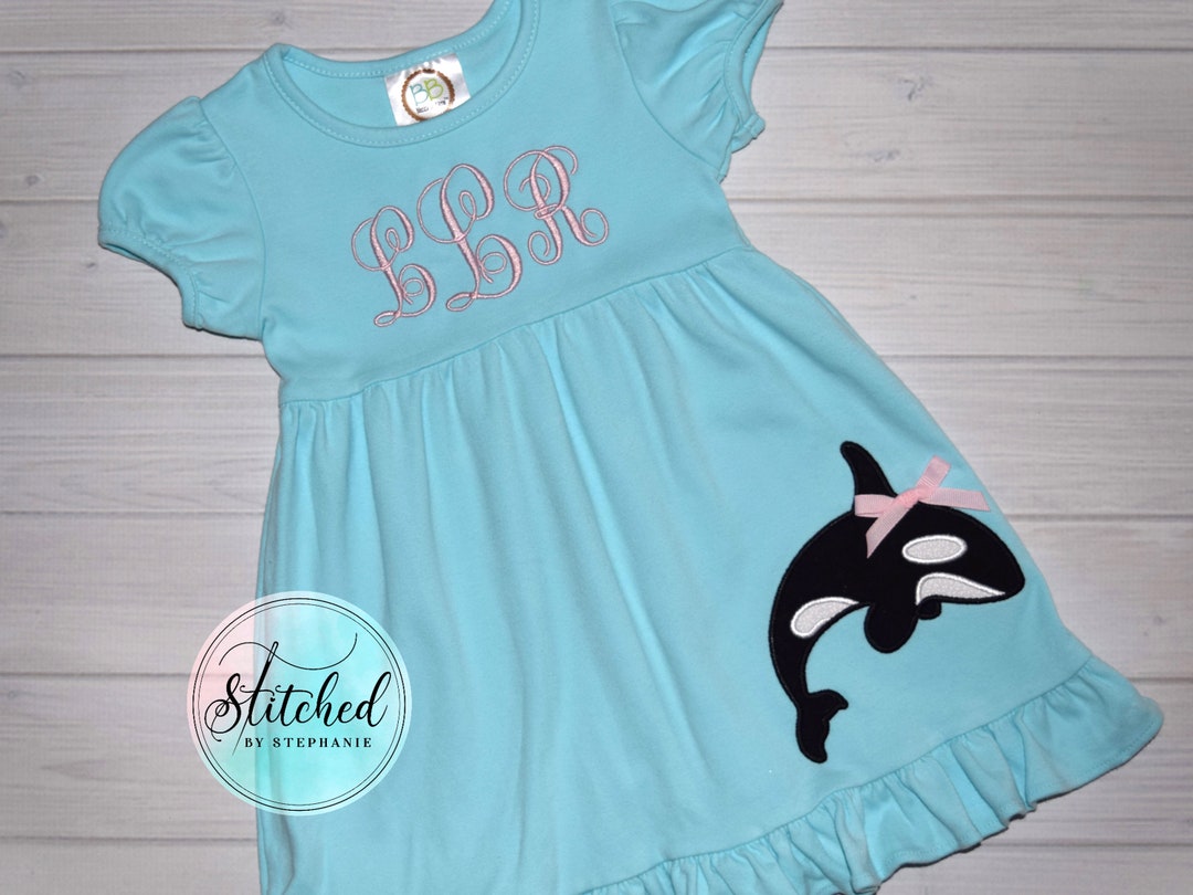 Girls Orca Whale Applique Dress Aqua Blue Short Sleeve Ruffle Sea Beach ...