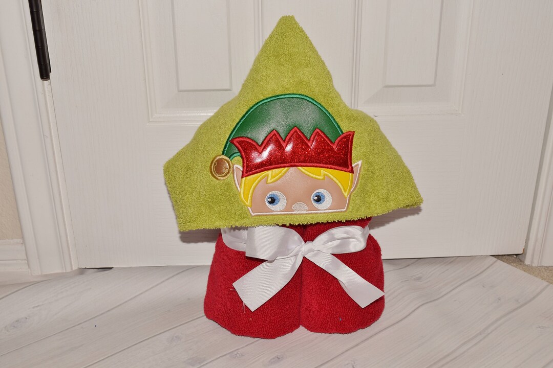 Christmas Elf Peeker Towel Applique Red and Green Girls or Boys Hooded ...