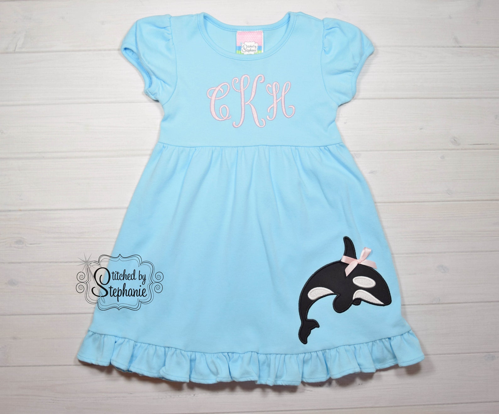 Girls orca whale applique dress aqua blue short sleeve ruffle | Etsy