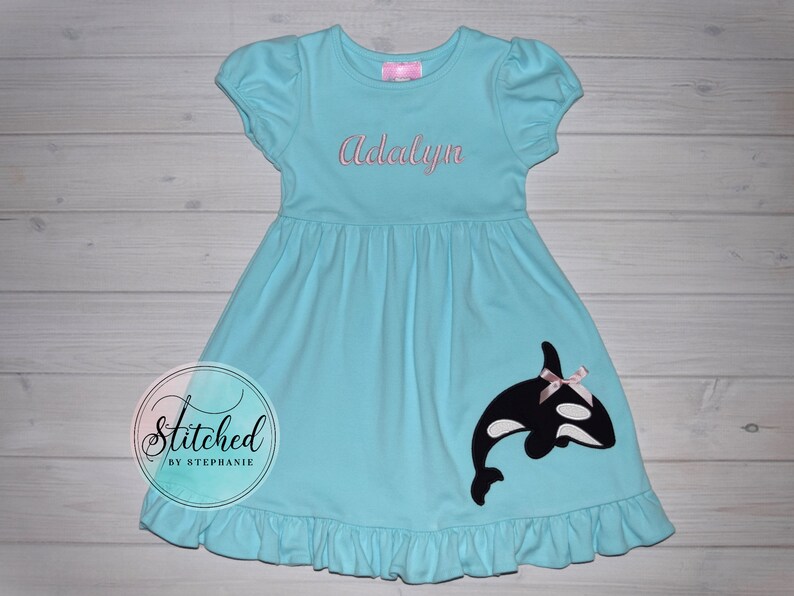 Girls Orca Whale Applique Dress Aqua Blue Short Sleeve Ruffle Sea Beach ...