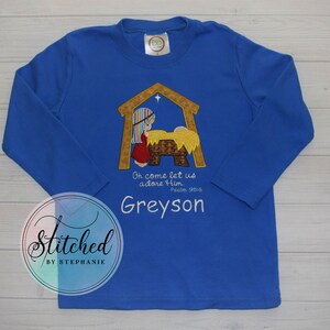 Boys Christmas Nativity Manger Scene Applique Royal Blue Long Sleeve ...