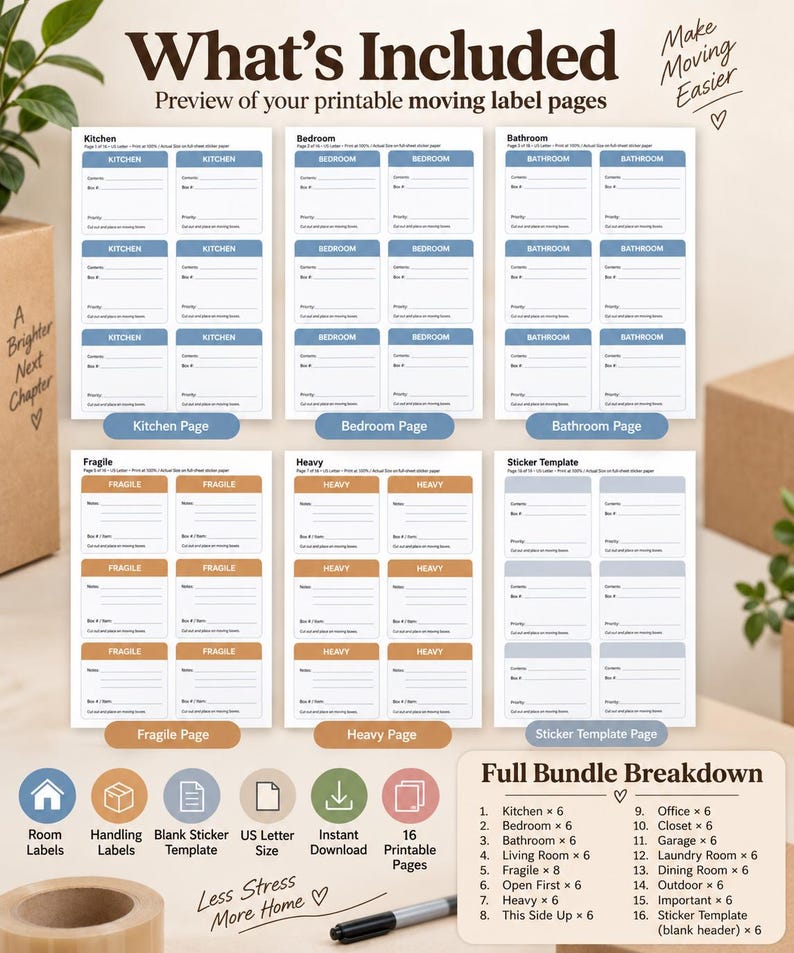 Printable Moving Box Labels Bundle, 16 Page Moving Stickers, Room ...