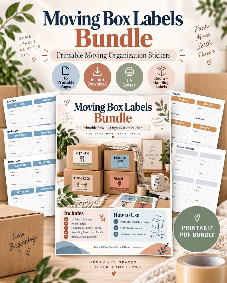 Printable Moving Box Labels Bundle, 16 Page Moving Stickers, Room ...