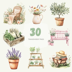 Gardening Clipart Set, Watercolor Garden Illustrations, PNG Graphics ...