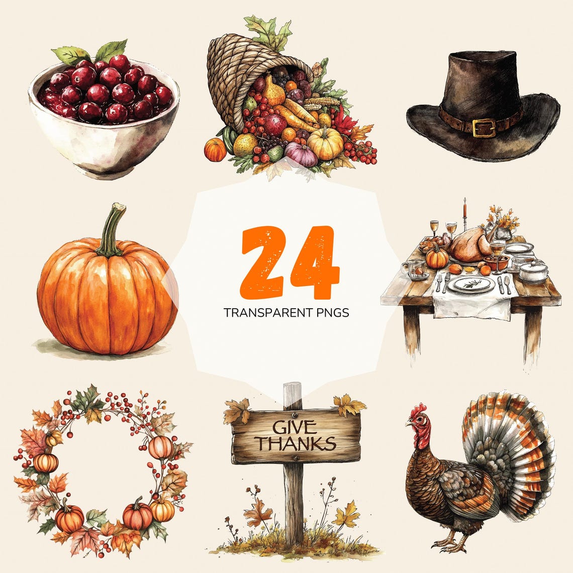 Watercolor Thanksgiving Clipart | Thanksgiving PNG | Autumn Leaves ...