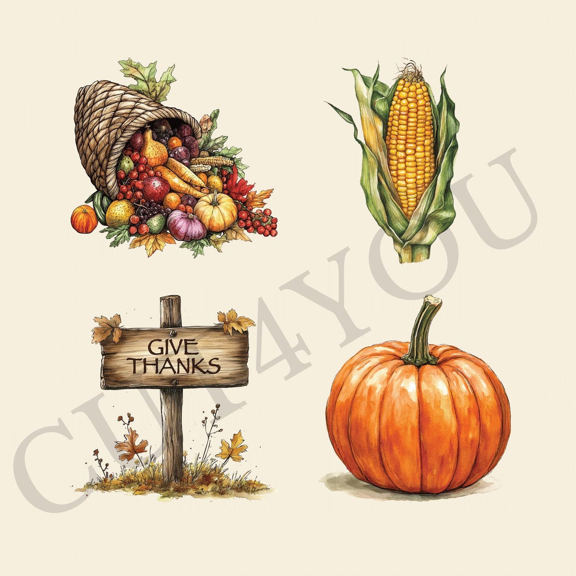 Watercolor Thanksgiving Clipart | Thanksgiving PNG | Autumn Leaves ...