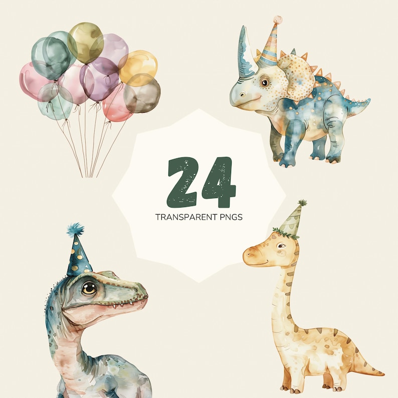 Party Dino Clipart, Cute Baby Dinosaur PNG, Watercolor Party Decor, T ...