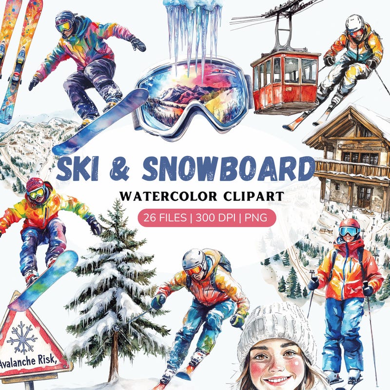 Watercolor Ski Clipart - Etsy