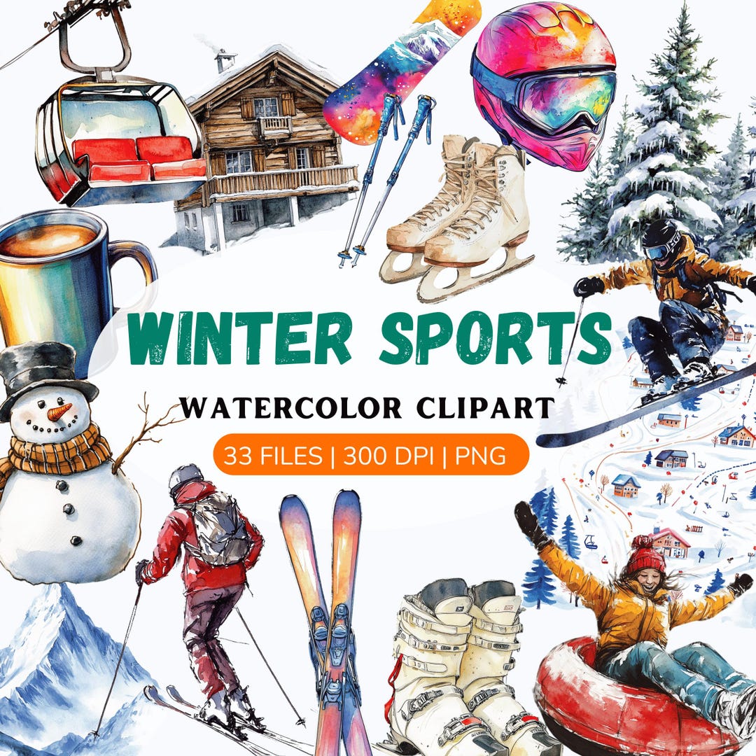 Watercolor Winter Sports Png, Snowboarding and Ski Clipart, Ski Nature ...