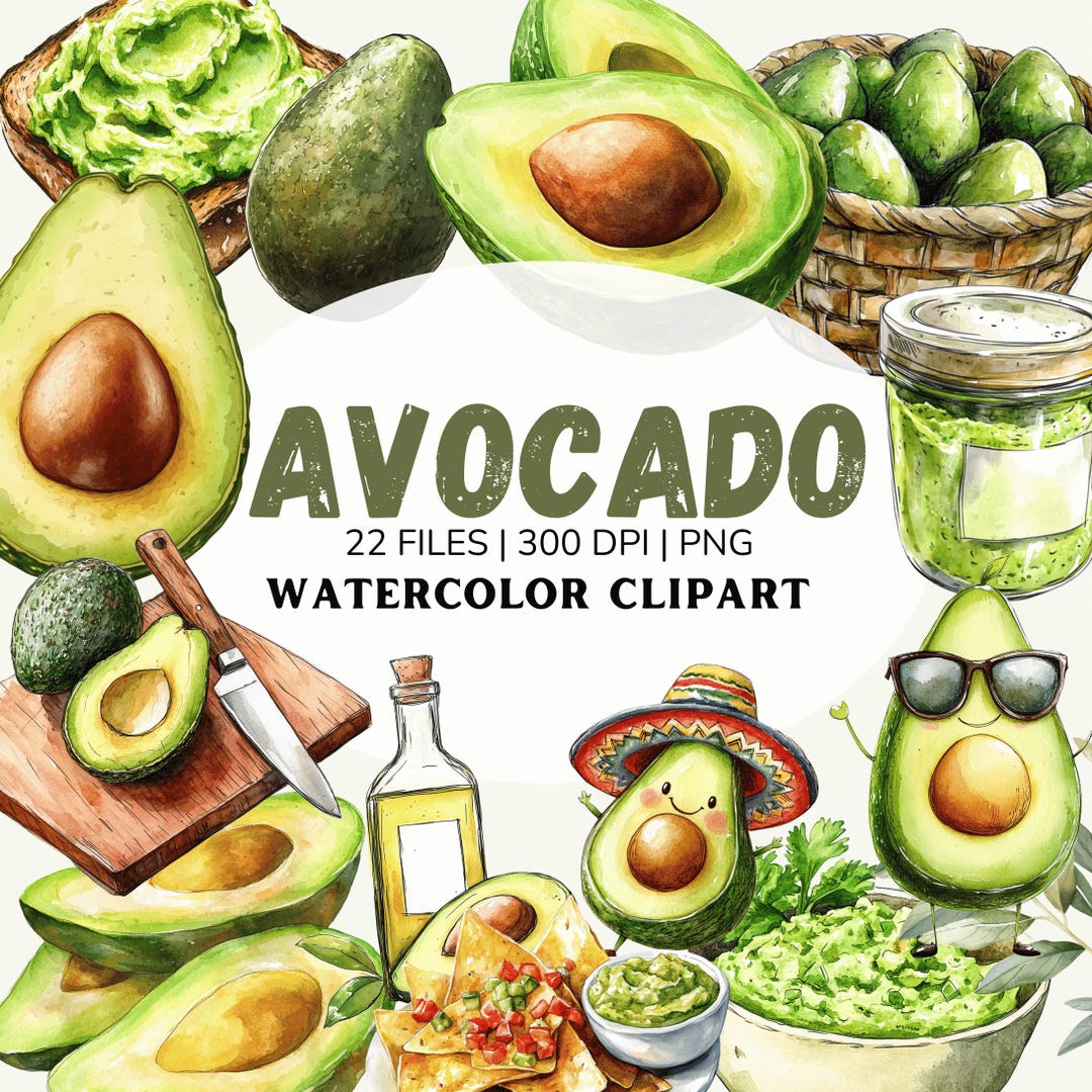 Watercolor Avocado Clip Art, Avocado Clipart, Avocado Png, Guacamole ...