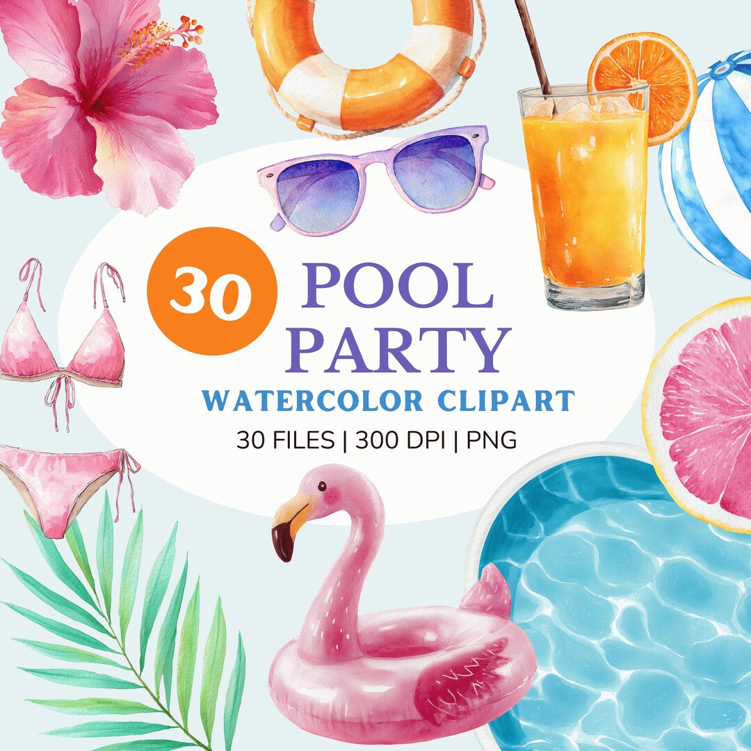 Pool Party Clipart, Watercolor Summer Graphics, Cute Birthday Elements ...