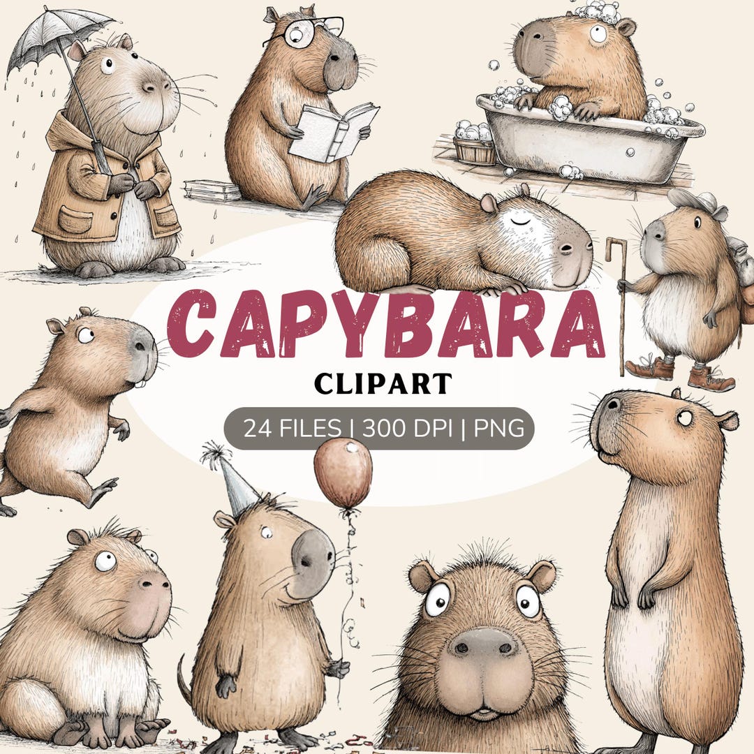 Beige Capybara Clipart Set, 24 PNG Cliparts 300 DPI | Cute Capybara ...
