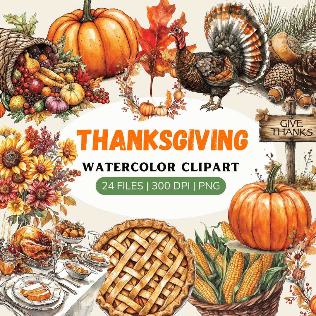 Watercolor Thanksgiving Clipart | Thanksgiving PNG | Autumn Leaves ...