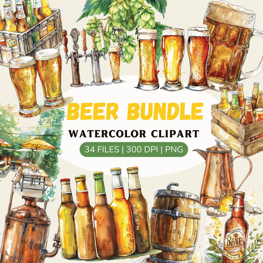 Watercolor Beer Clipart | Digital Png Beer, Wheat and Hops Graphics ...