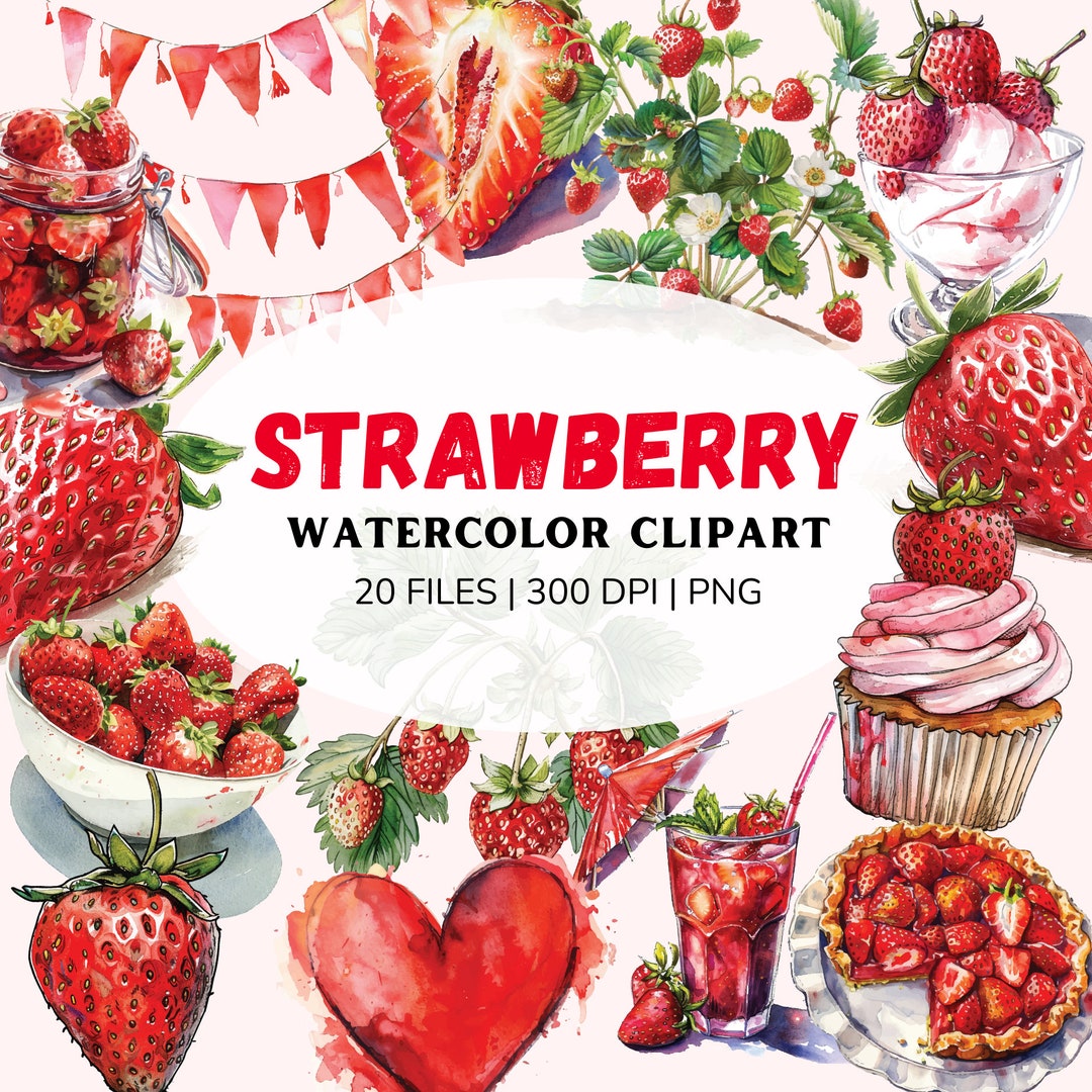 Strawberry Watercolor Clip Art Bundle - Cliparts, Strawberry Images ...