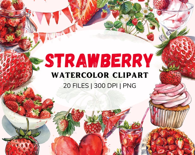 Strawberry Watercolor Clipart Bundle, Summer Strawberries, Frames and ...