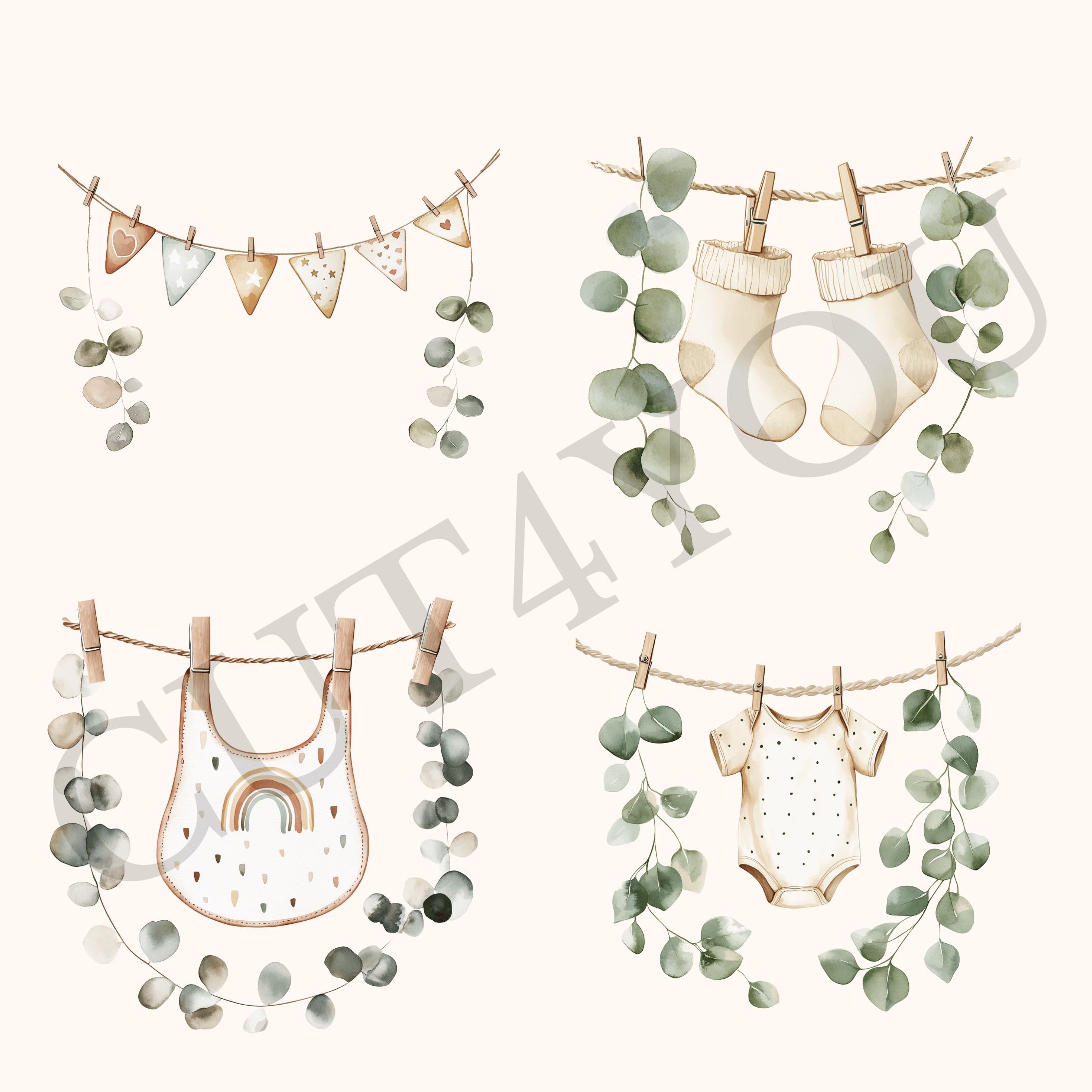 Clipart Watercolor Baby Clothesline Illustrations, Cute Digital ...