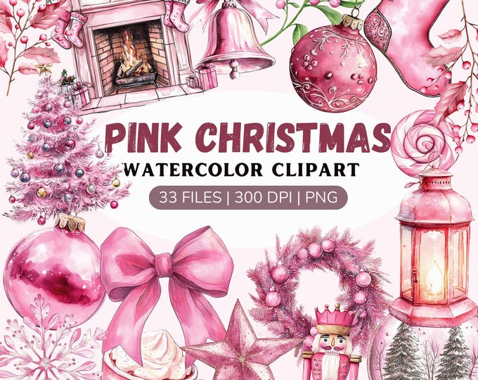 Watercolor Pink Christmas Clipart, Pink Christmas Decor, Pink Christmas ...