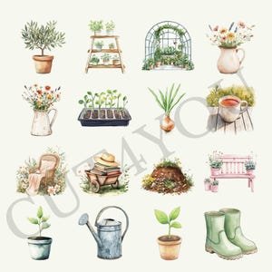 Gardening Clipart Set, Watercolor Garden Illustrations, PNG Graphics ...