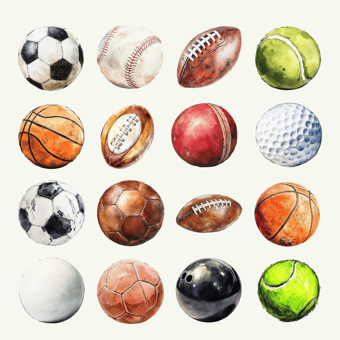 Watercolor Sports Balls Clipart Bundle, American Football, Soccer Png ...