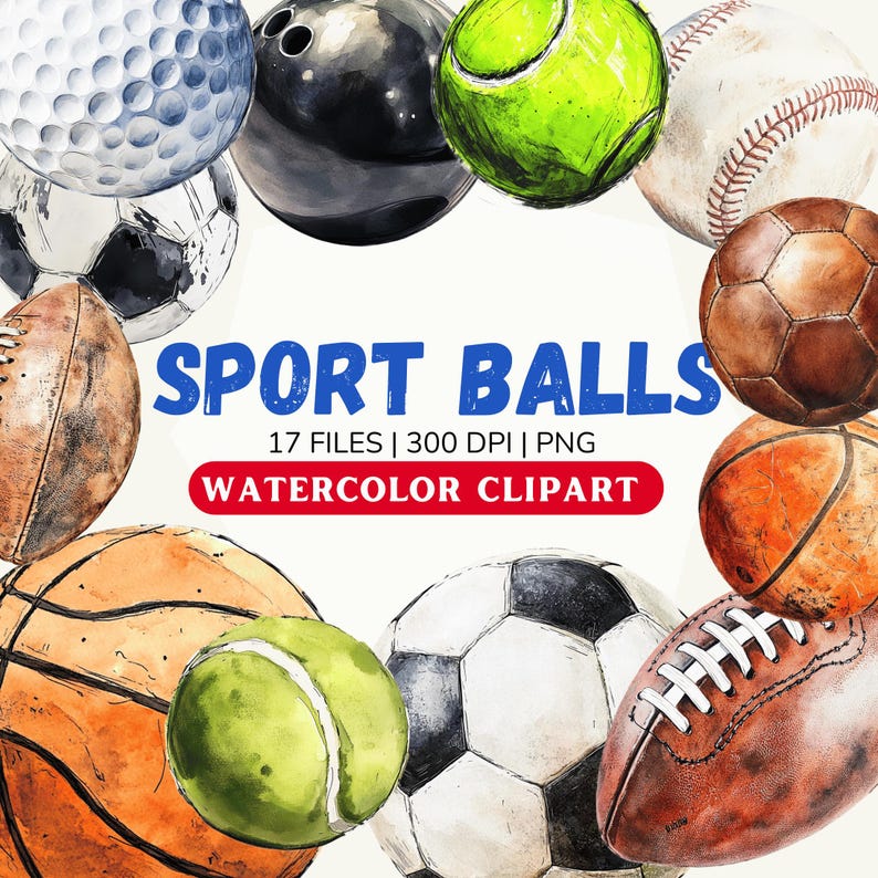 Watercolor Sports Balls Clipart Bundle, American Football, Soccer Png ...