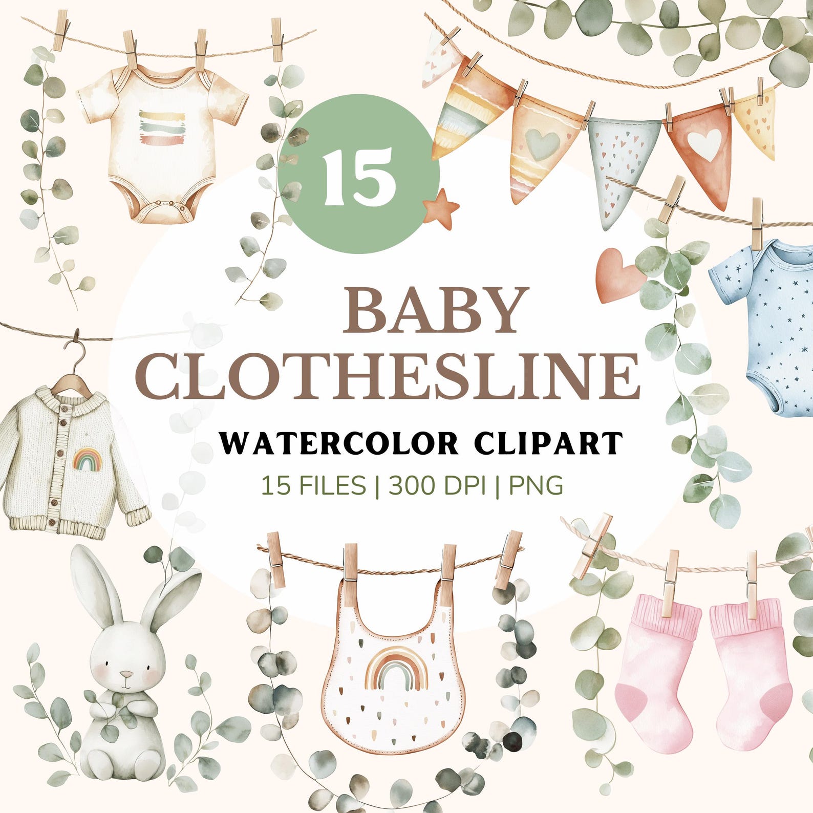 Clipart Watercolor Baby Clothesline Illustrations, Cute Digital ...