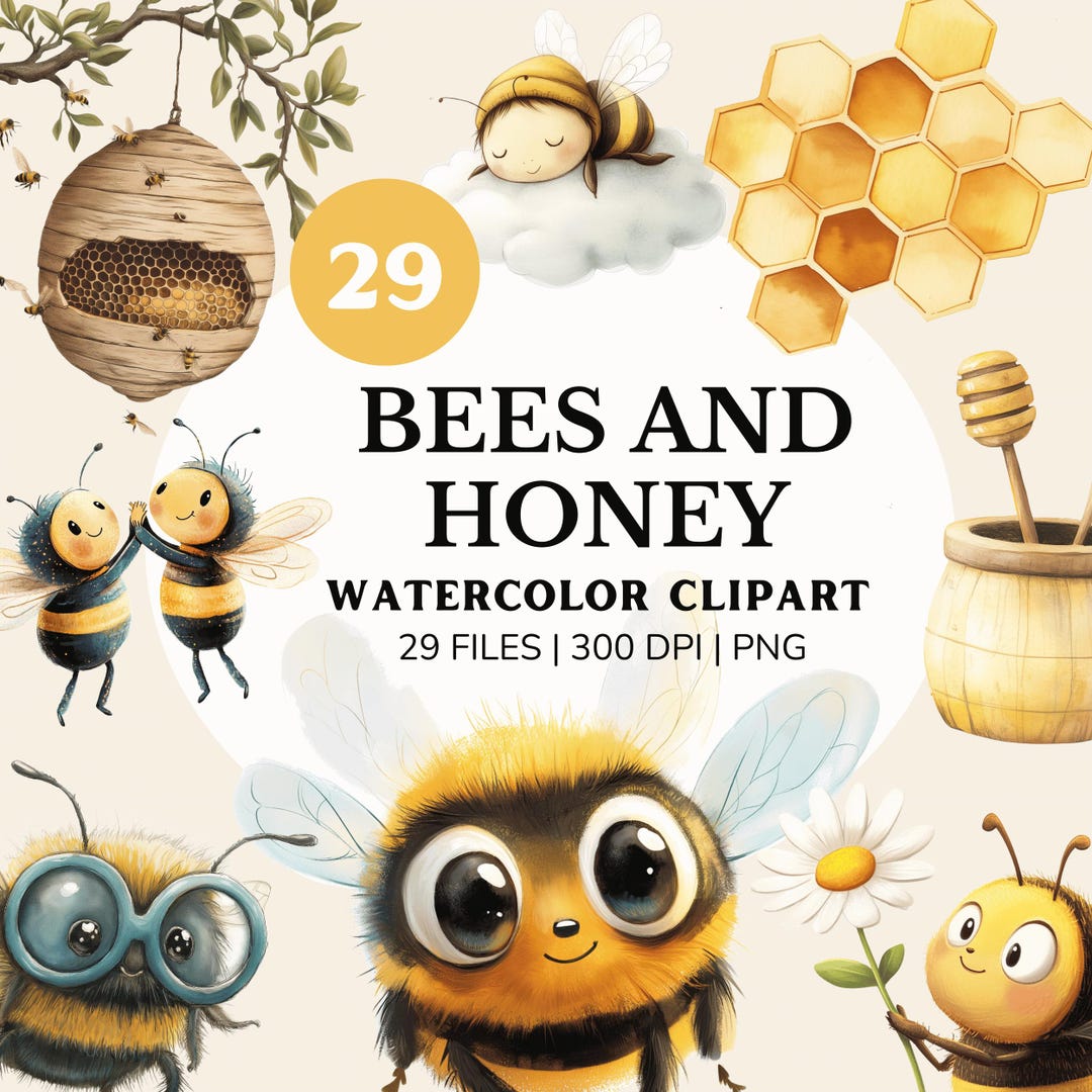 Bee and Honey PNG Clipart, Watercolor Digital Download, Cute Bee Art ...
