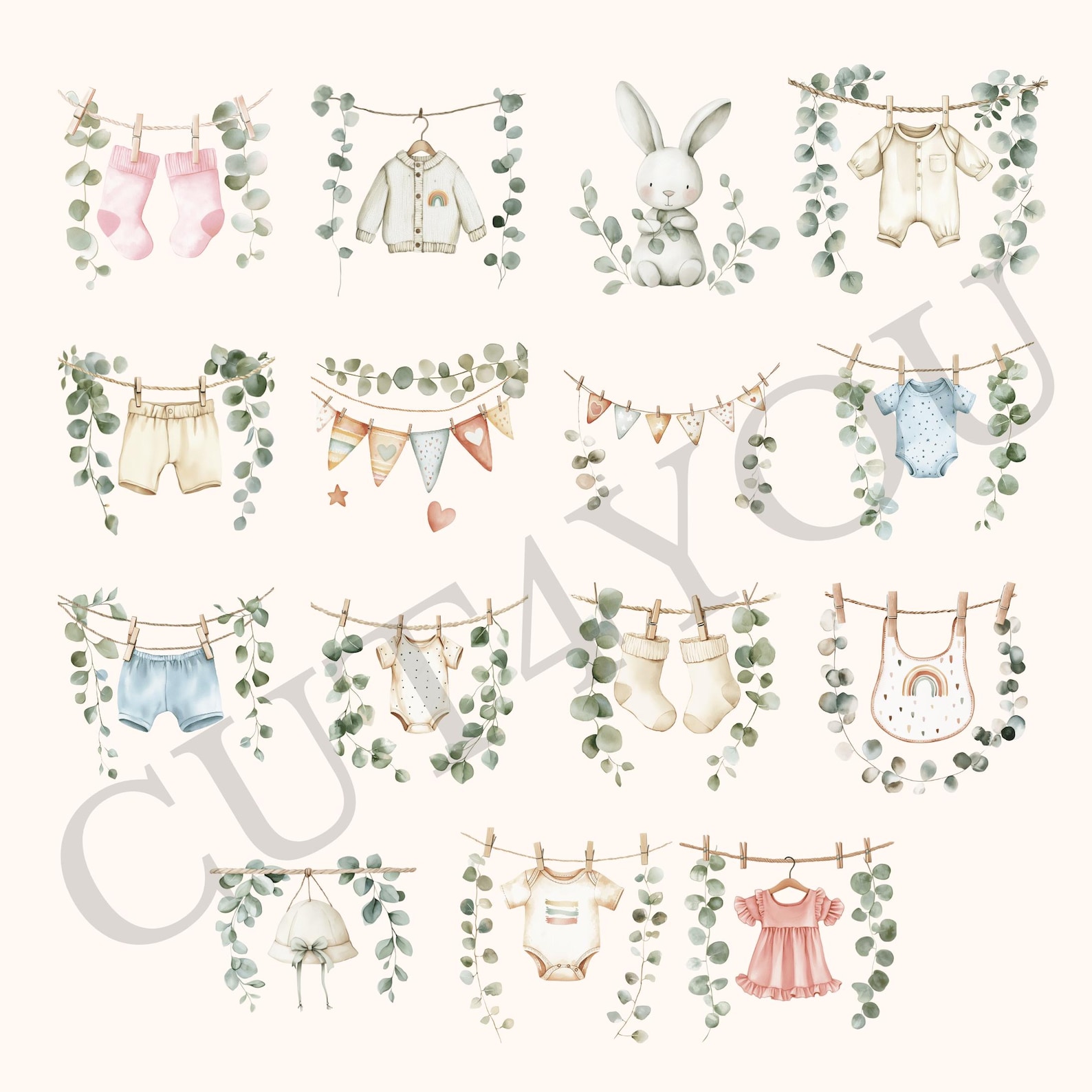 Clipart Watercolor Baby Clothesline Illustrations, Cute Digital ...