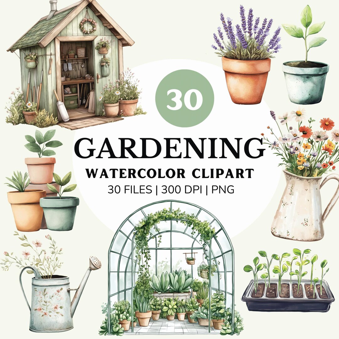 Gardening Clipart Set, Watercolor Garden Illustrations, PNG Graphics ...