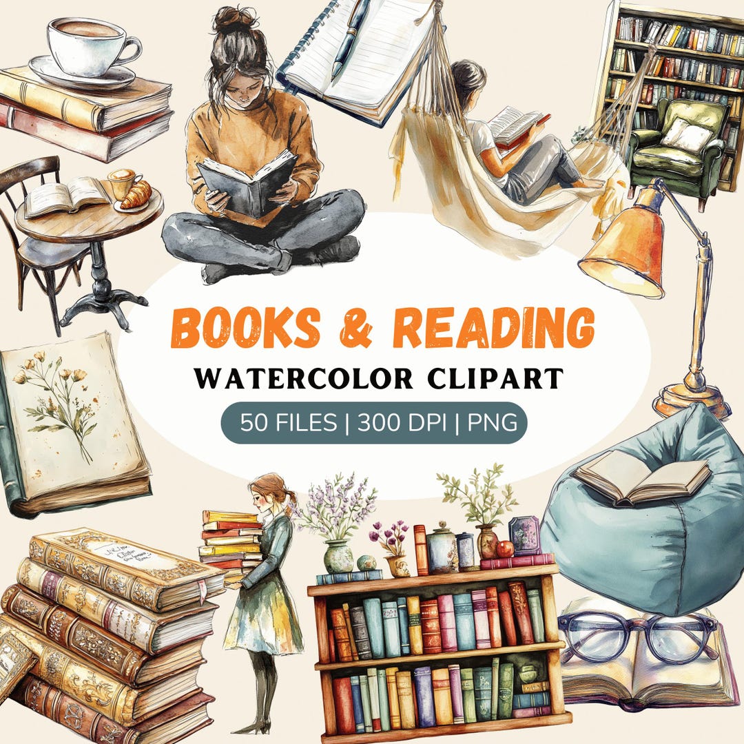Watercolor Books Digital Downloads, Painted Literary Clipart, PNG Book ...