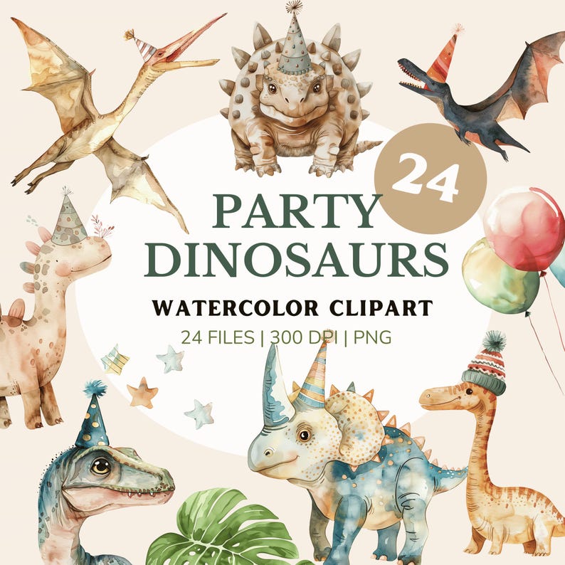 Party Dino Clipart, Cute Baby Dinosaur PNG, Watercolor Party Decor, T ...