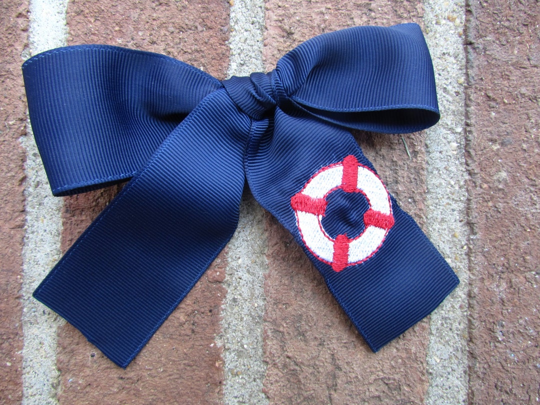 Nautical Embroidered Hair Bow/navy Hair Bow/summer Hair Bow/nautical ...
