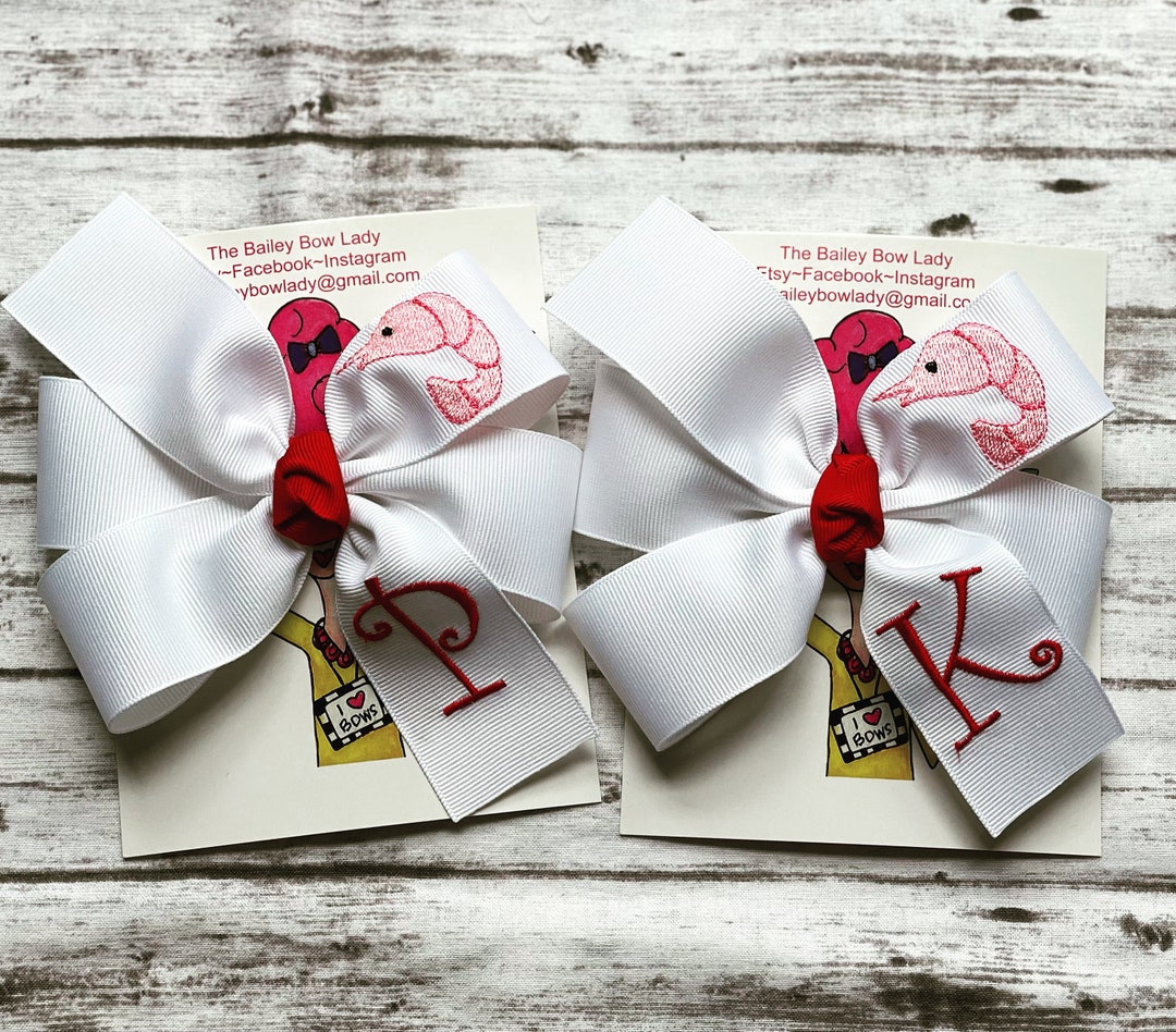 Monogrammed Embroidered Shrimp Pinwheel Style Hair Bow/shrimp Hair Bow ...