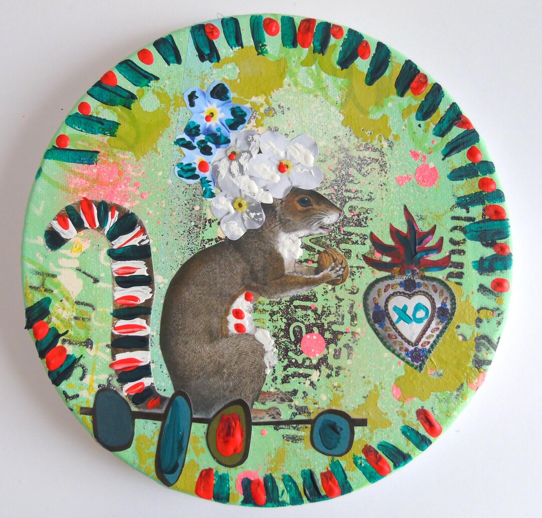 Squirrelly Love Squirrel Tondo Collage Pop Art Original Art Painting ...