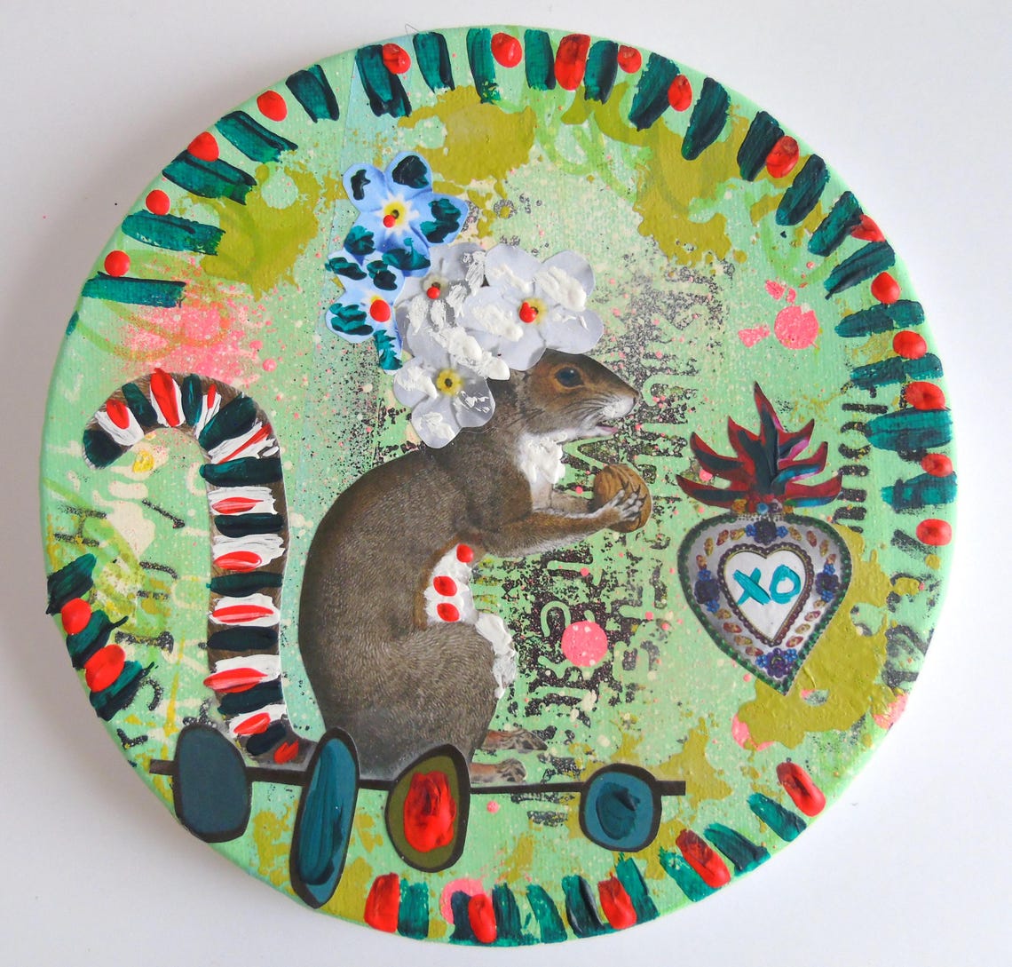 Squirrelly Love Squirrel Tondo Collage Pop Art Original Art Painting ...