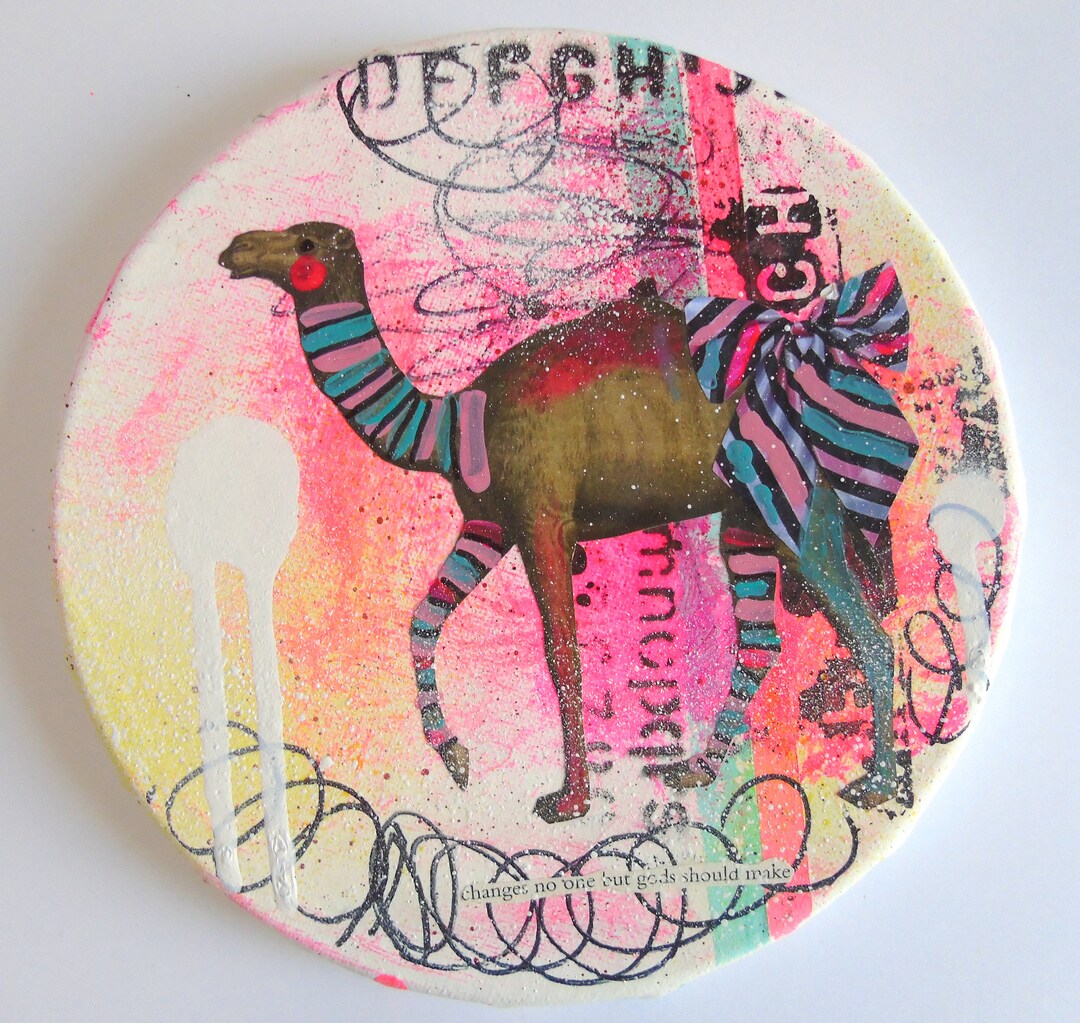 Camel Art: Original Round Collage Painting, Quirky Animal Wall Art - Etsy